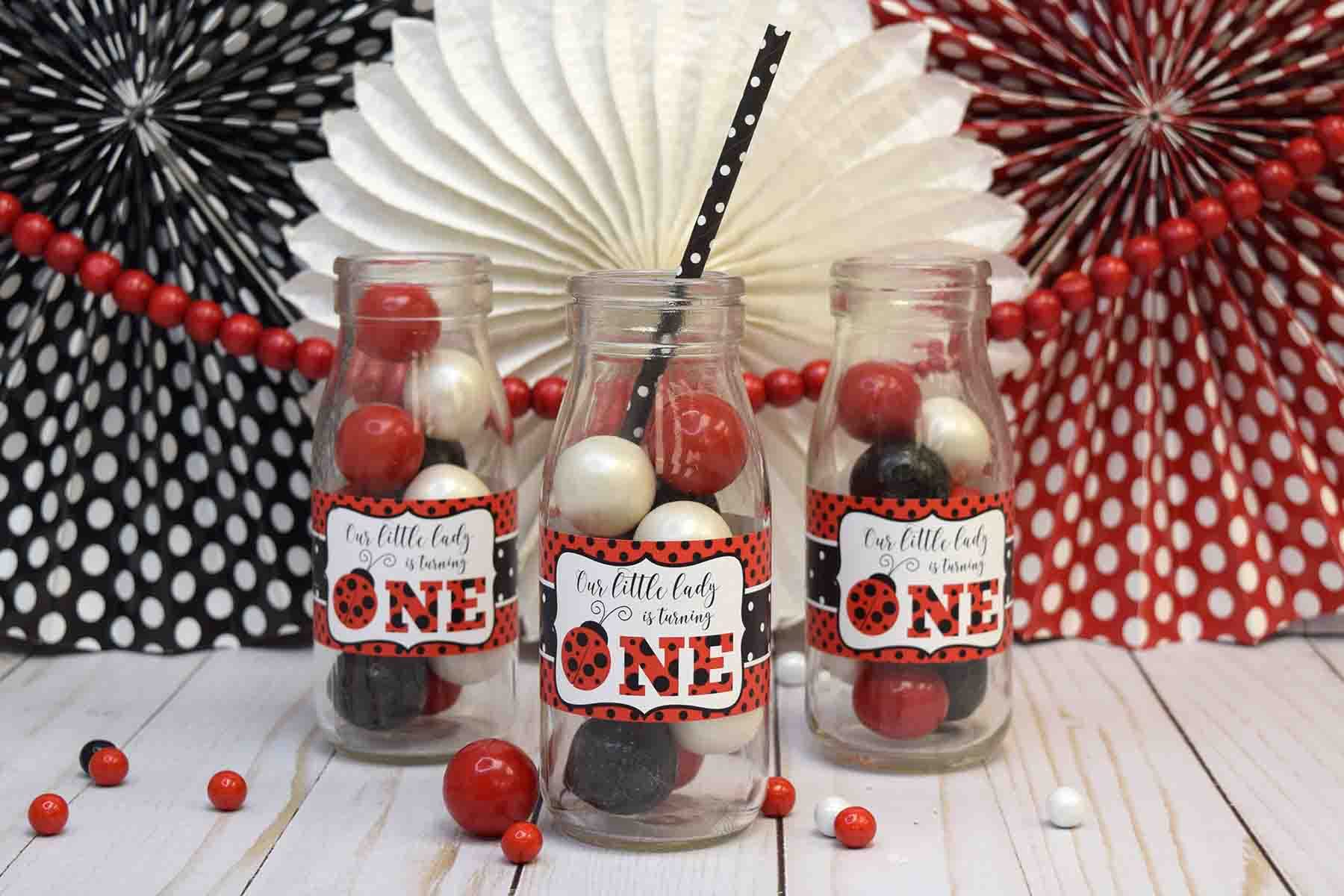 Red Ladybug First Birthday Party Waterproof Water Bottle Sticker Wrappers, 20 1.75" x 8.5" Wrap Around Labels by AmandaCreation