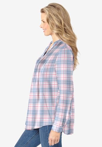 Woman Within Women's Plus Size Pintucked Flannel Shirt - 3X, Pink Sorbet Plaid