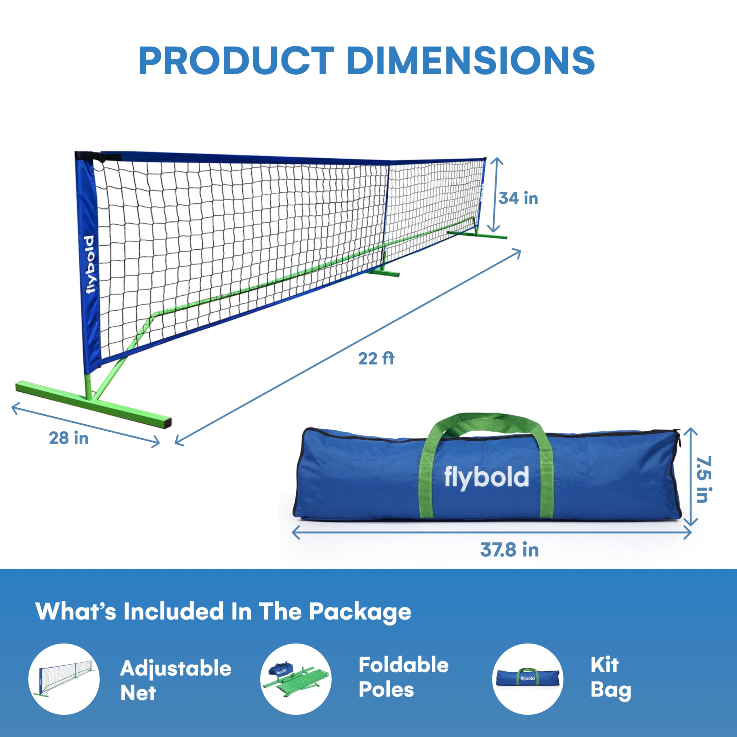 flybold Pickleball Nets | Portable Net Regulation Size Equipment Lightweight Sturdy Interlocking Metal Posts with Carrying Bag for Indoor Outdoor Pickle Ball Game Court | Full Court Size- 22ft