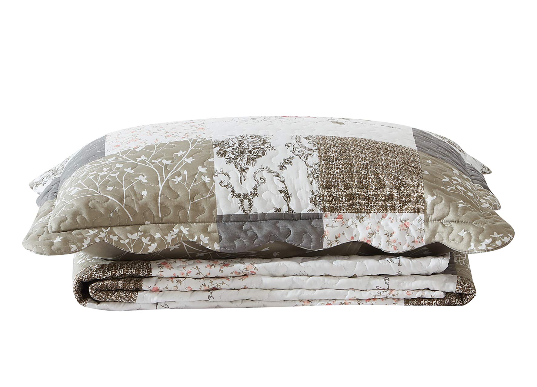 Brilliant Sunshine Roses and Toile Quilt Set, 2-Piece Bedding Sets with 1 Sham, Patchwork Design, Washable and Reversible Bedspread, Soft Lightweight Coverlet, All-Season, Twin/Twin XL, Rose Grey