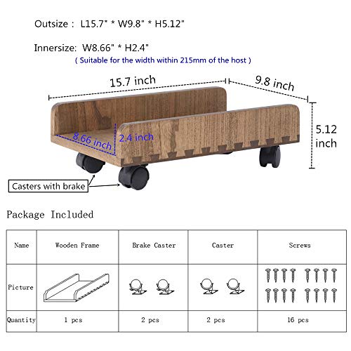 Kirigen Computer Tower Stand Cart - Heavy Duty Desktop Mobile Cart Holder for Computer Host with 4 Mute Caster Wheels - Wood Rolling ATX PC Case Rack, CPU Case Protecting Shelf (ZJJ Dark Brown)