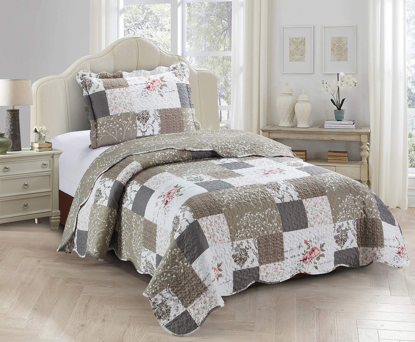 Brilliant Sunshine Roses and Toile Quilt Set, 2-Piece Bedding Sets with 1 Sham, Patchwork Design, Washable and Reversible Bedspread, Soft Lightweight Coverlet, All-Season, Twin/Twin XL, Rose Grey
