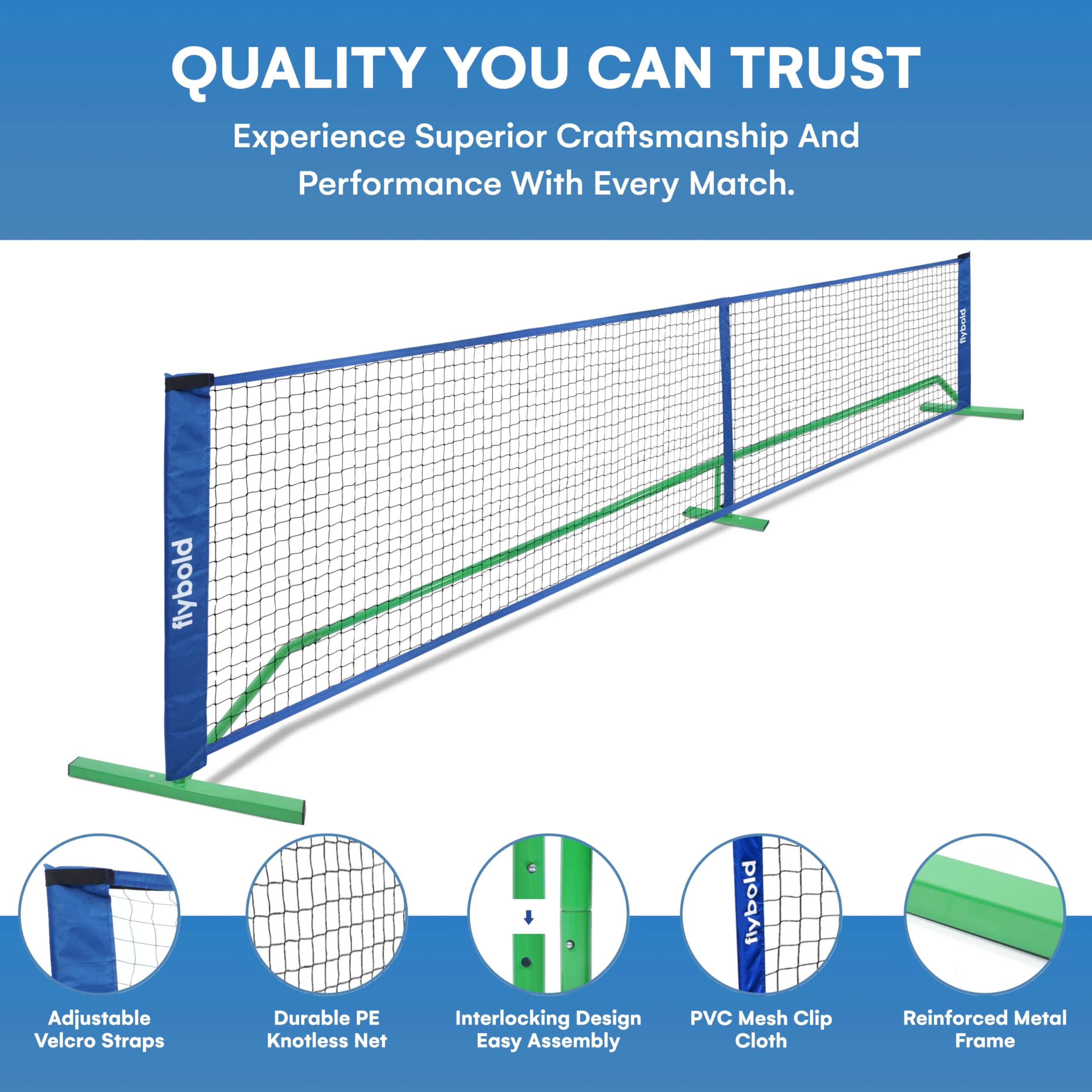 flybold Pickleball Nets | Portable Net Regulation Size Equipment Lightweight Sturdy Interlocking Metal Posts with Carrying Bag for Indoor Outdoor Pickle Ball Game Court | Full Court Size- 22ft