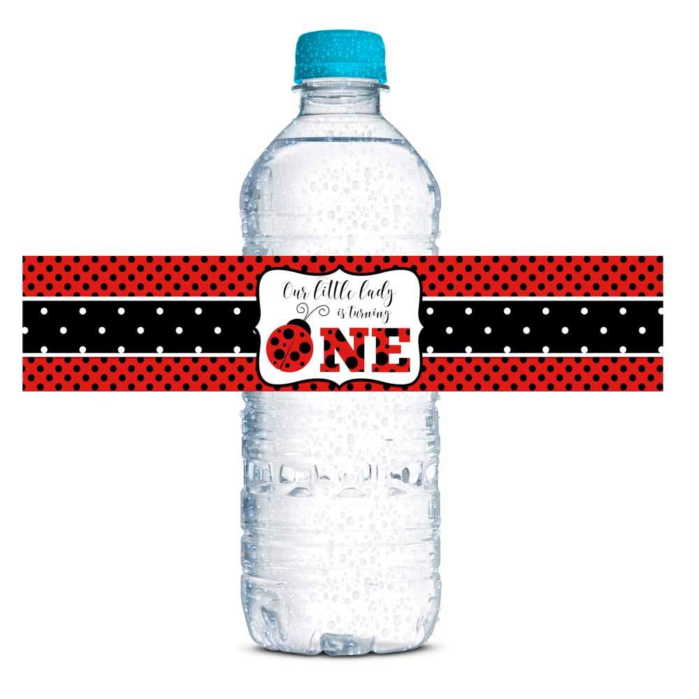 Red Ladybug First Birthday Party Waterproof Water Bottle Sticker Wrappers, 20 1.75" x 8.5" Wrap Around Labels by AmandaCreation