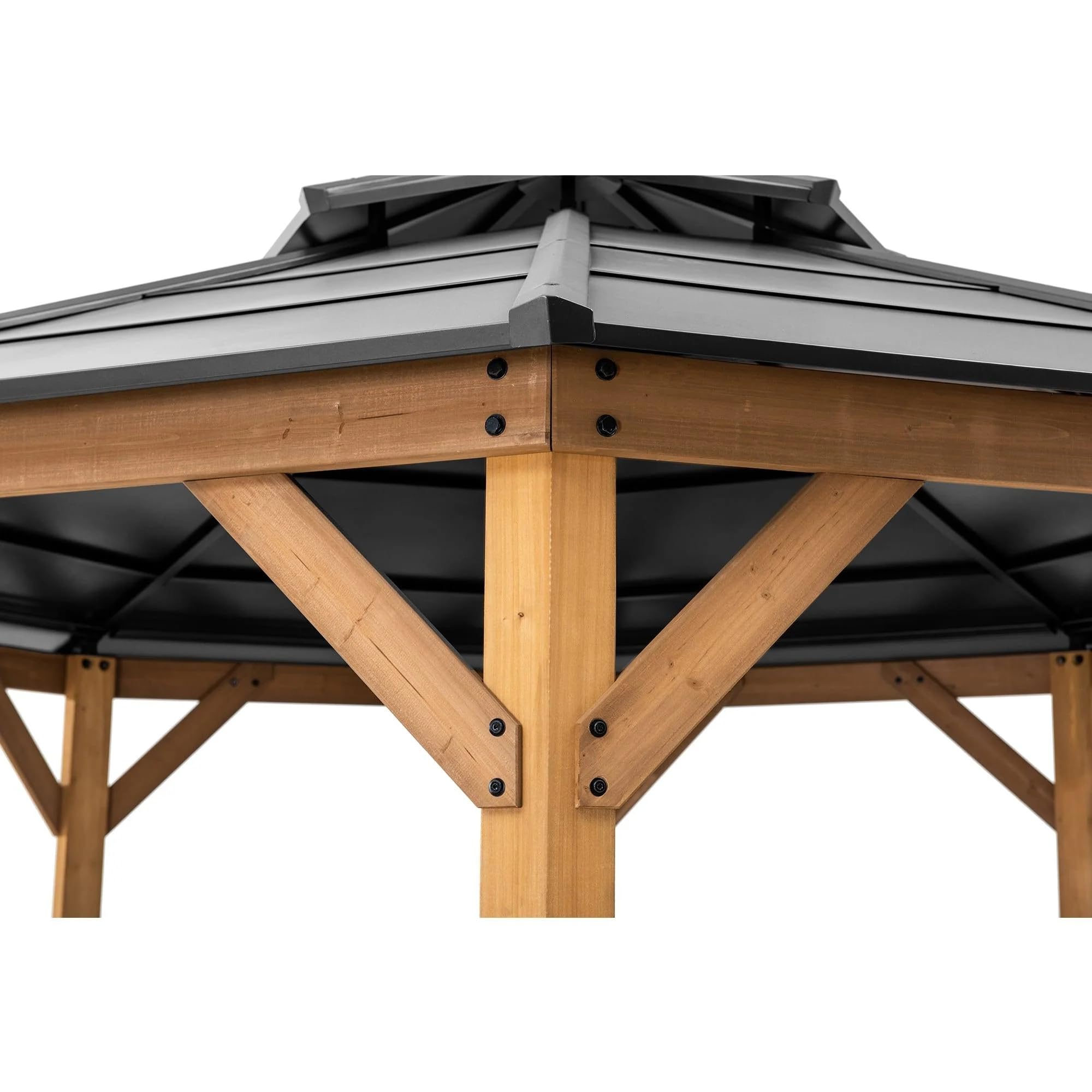Sunjoy Ion Collection 13 x 13 ft. Cedar Framed Octagon Wood Gazebo with Brown Double Tiered Steel Hardtop Roof and Ceiling Hook for Garden, Backyard Shade