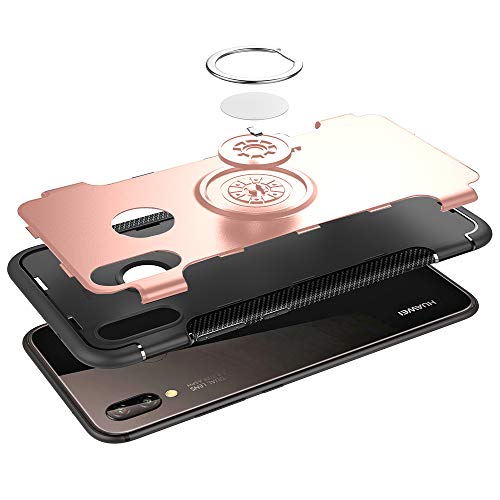 Phone Case for Huawei P20 Lite with Tempered Glass Screen Protector Cover and Magnetic Stand Ring Holder Slim Hybrid Hard Cell Accessories Kickstand Huwai P20lite P 20 Haweii Nova 3E Cases Rose Gold