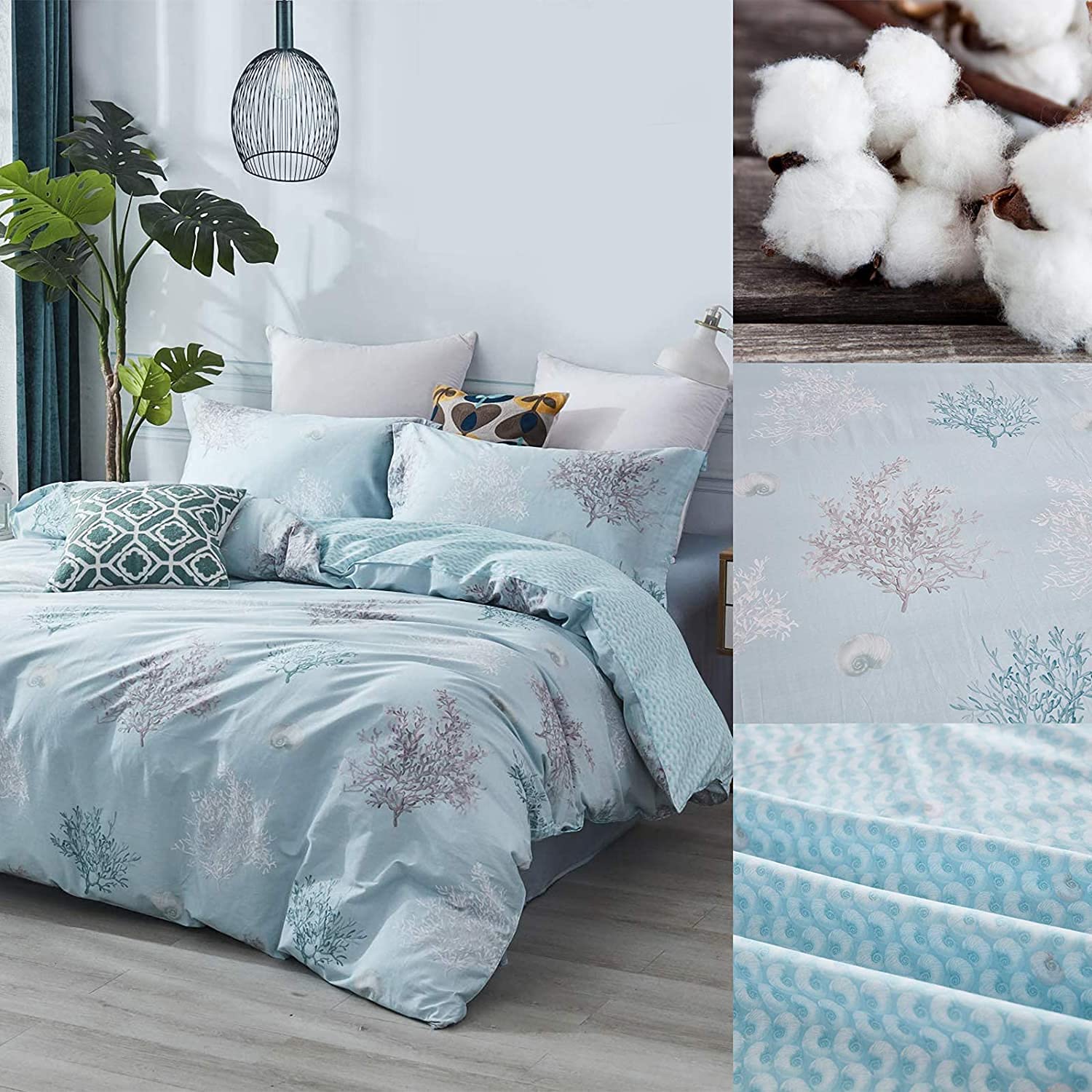 Brandream Coastal Beach Bedding Set Queen Size 100% Cotton Duvet Cover Set Tropical Coral Seashells Bedroom Set 3-Piece (No Comforter)
