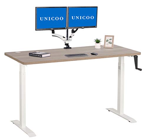 UNICOO – Primum Quality 55.12 x 27.6 Inch Crank Height Adjustable Standing Desk, Sit to Stand up Desk, Home Office Computer Table (White Frame/Ancient Oak Top-55IN-Crank)