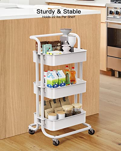 Totnz Rolling Utility Cart, 3-Tier Mesh Organization Cart with Lockable Wheels, Multi-Functional Storage Trolley for Office, Living Room, Kitchen, Laundry, Bathroom Storage, White (TZUC01W)