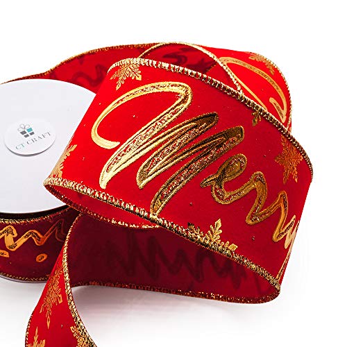 CT CRAFT LLC Red Velvet Gold Merry Christmas Wired Ribbon 2.5 Inch x 10 Yards for Christmas Home Decor Tree Topper Bow Gift Wrapping DIY Crafts Wreath Garland