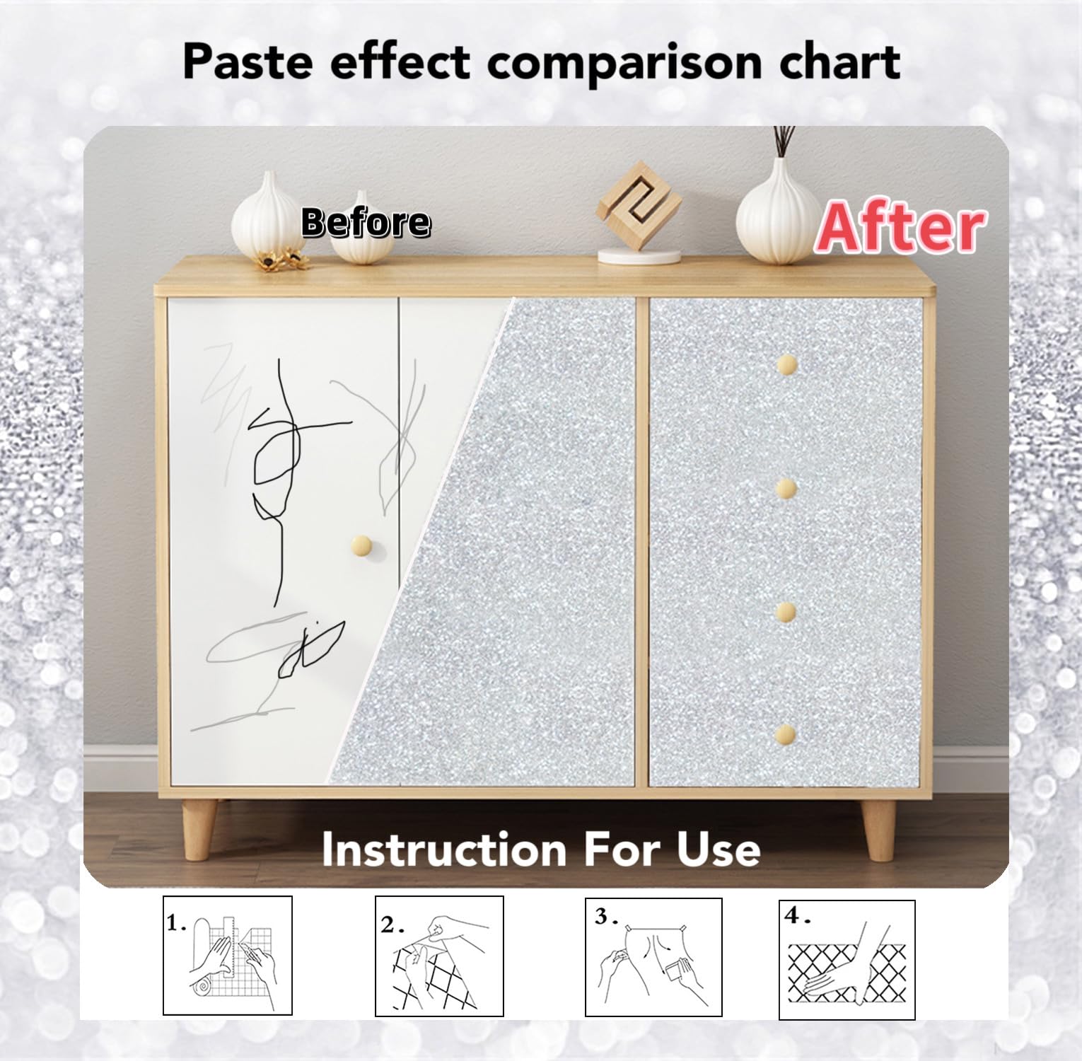 Kitico Glitter Silver Wallpaper Silver Contact Paper Silver Creative Covering Peel and Stick Wallpaper Removable Self Adhesive Paper DIY Vinyl Roll 17.7"x78.7"
