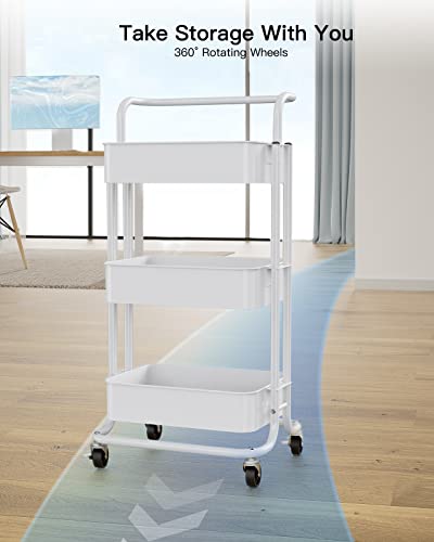 Totnz Rolling Utility Cart, 3-Tier Mesh Organization Cart with Lockable Wheels, Multi-Functional Storage Trolley for Office, Living Room, Kitchen, Laundry, Bathroom Storage, White (TZUC01W)