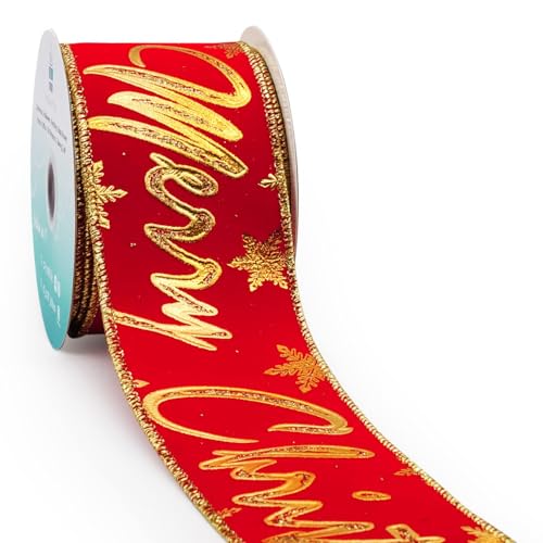 CT CRAFT LLC Red Velvet Gold Merry Christmas Wired Ribbon 2.5 Inch x 10 Yards for Christmas Home Decor Tree Topper Bow Gift Wrapping DIY Crafts Wreath Garland