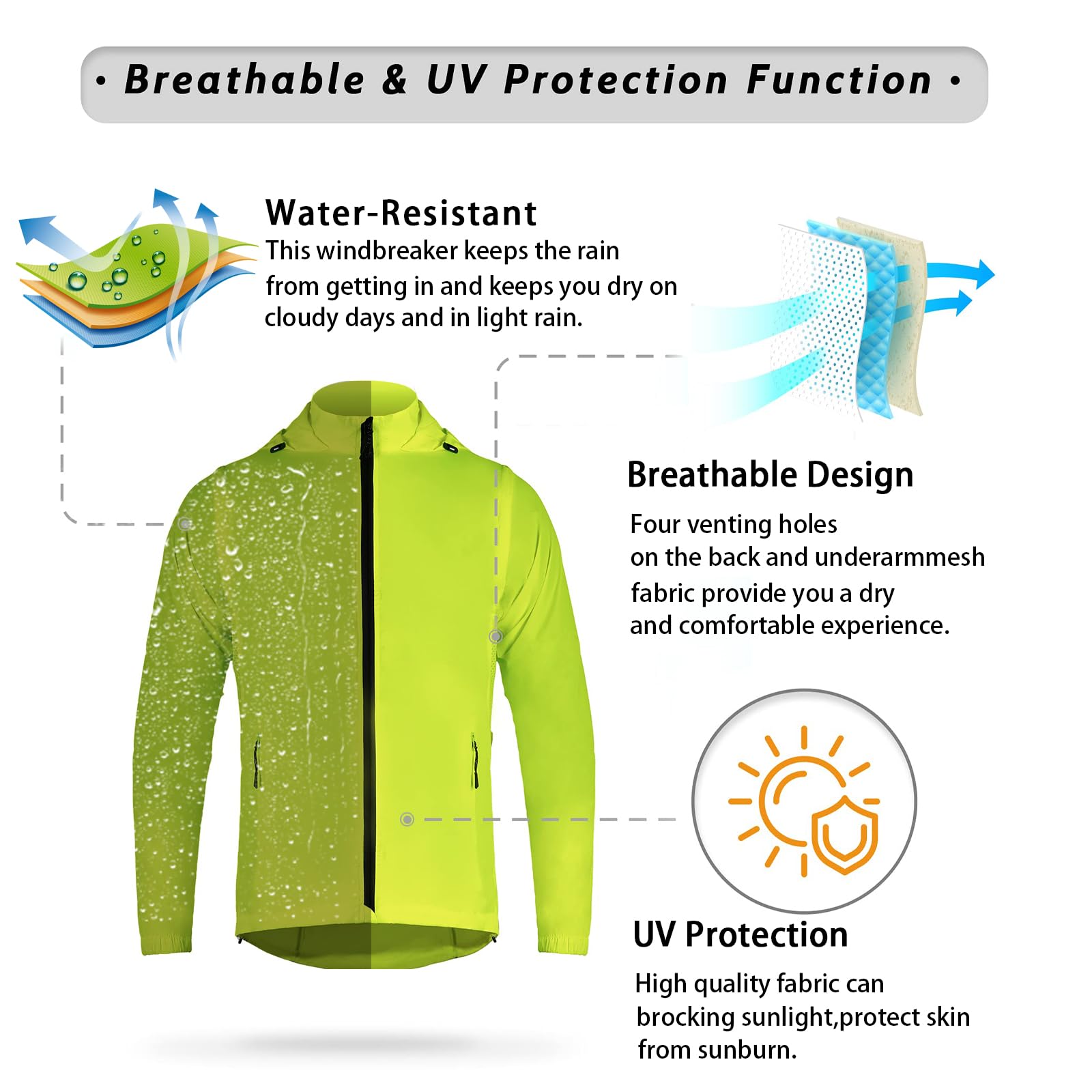 Men's Cycling Jacket with Detachable Sleeves Windbreaker Hooded Running Bike Jacket Golf Hiking Vest Lightweight Reflective