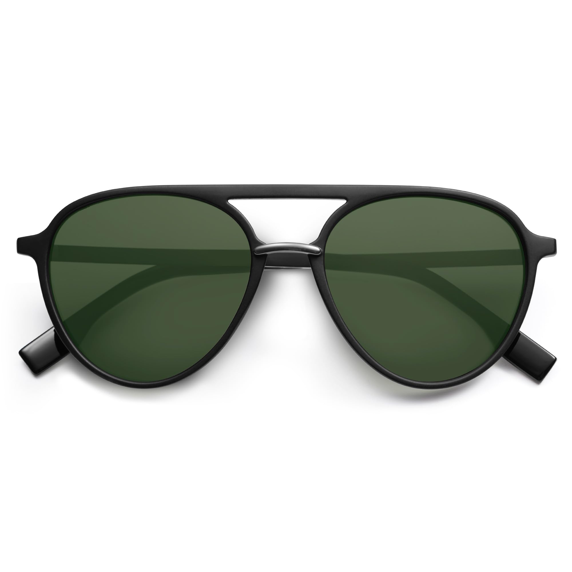 SOJOS Retro Aviator Polarized Sunglasses for Women Men Double Bridge Ladies Shades SJ2078 with Matte Black Frame/Green Lens