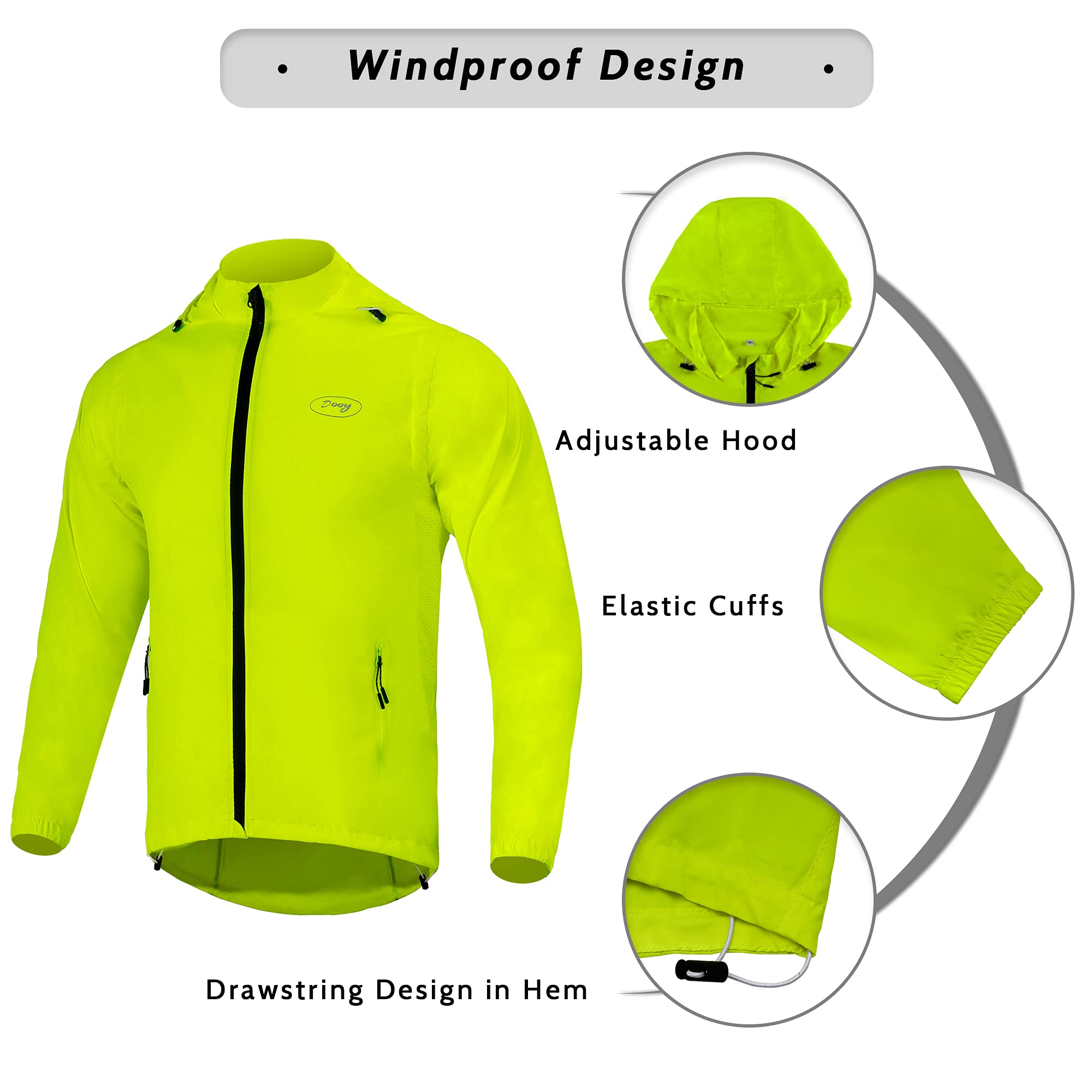 Men's Cycling Jacket with Detachable Sleeves Windbreaker Hooded Running Bike Jacket Golf Hiking Vest Lightweight Reflective