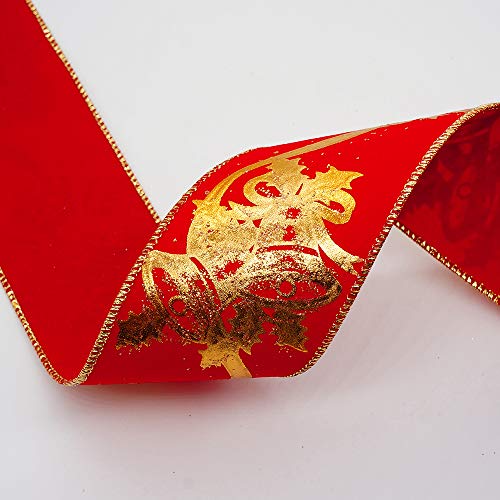 CT CRAFT LLC Red Velvet Gold Christmas Bell Wired Ribbon 2.5 Inch x 10 Yards for Christmas Home Decor Tree Topper Bow Gift Wrapping DIY Crafts Wreath Garland