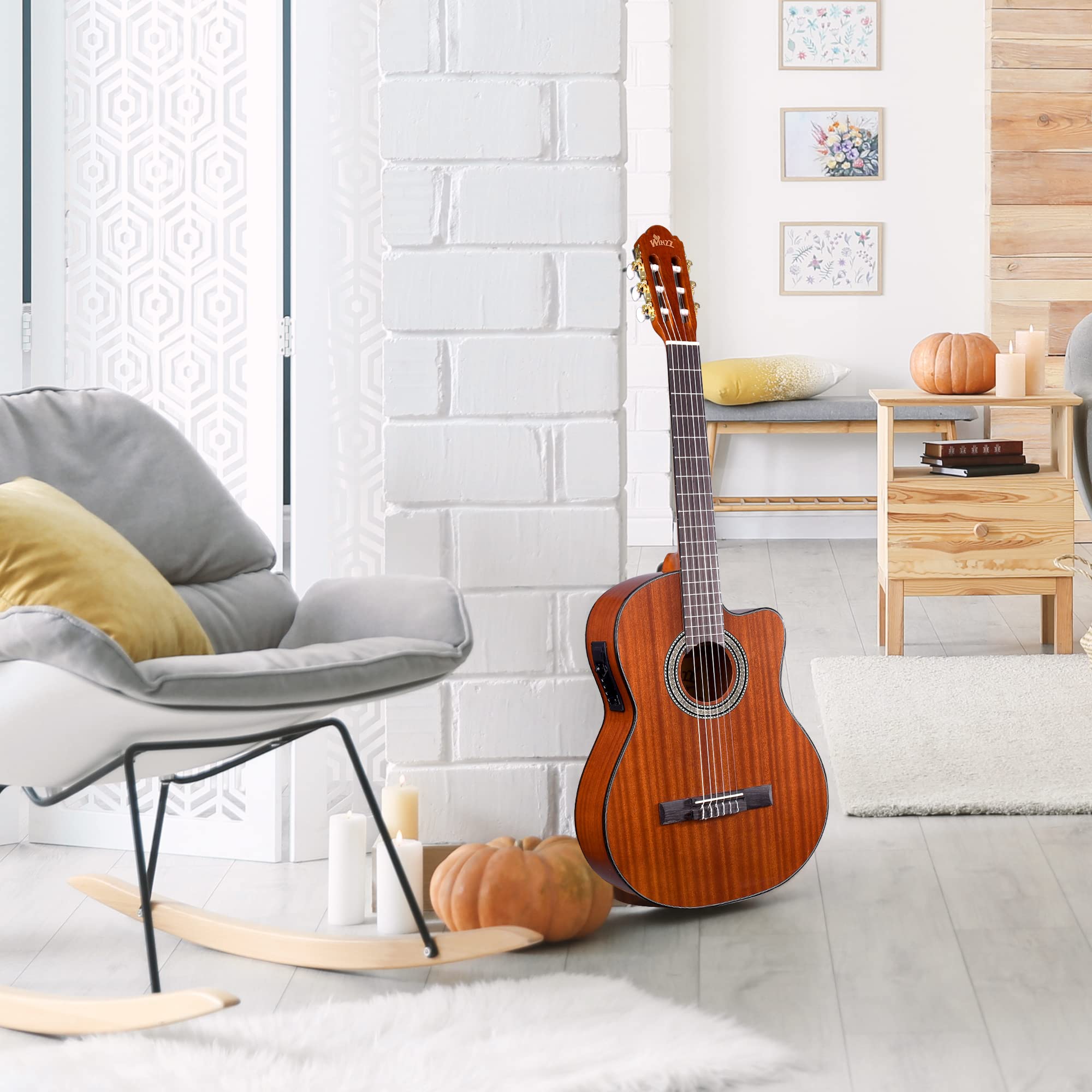 WINZZ AC309CE 39 Inches Cutaway Nylon-string Classical Electric Guitar Build-in Pickup Kit Set Online Lessons