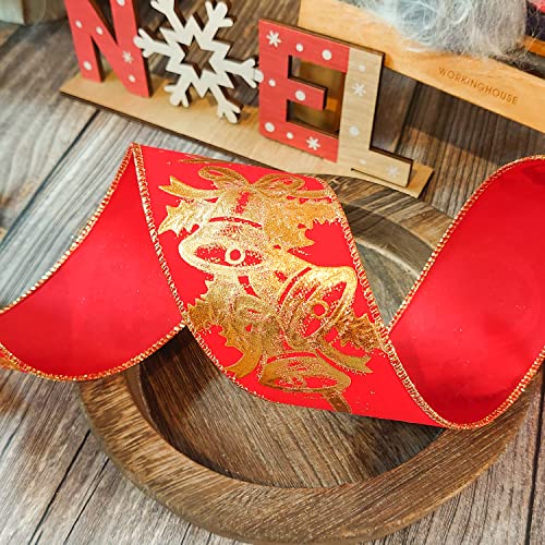 CT CRAFT LLC Red Velvet Gold Christmas Bell Wired Ribbon 2.5 Inch x 10 Yards for Christmas Home Decor Tree Topper Bow Gift Wrapping DIY Crafts Wreath Garland