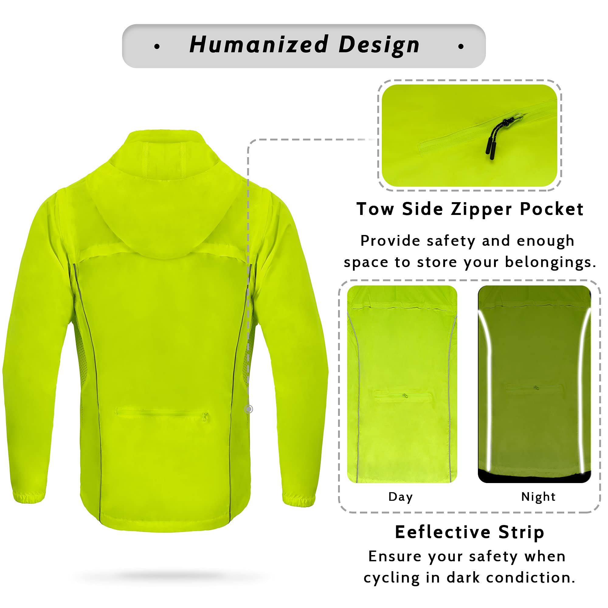 Men's Cycling Jacket with Detachable Sleeves Windbreaker Hooded Running Bike Jacket Golf Hiking Vest Lightweight Reflective