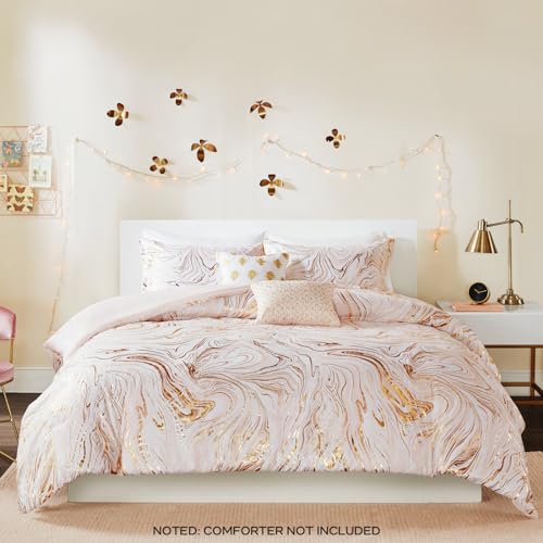 Intelligent Design Duvet Cover Queen Bedding Sets Chic Modern Metallic Swirl Marble Abstract Print Microfiber Bedding Queen Size Duvet Cover Set, Throw Pillows Rebecca, Full/Queen Blush/Gold 5 Piece