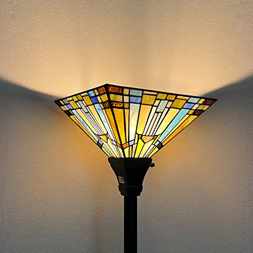 Capulina Tiffany Torchiere Floor Lamp 70" Tall Industrial Pole Green Blue Mission Style Torch Standing Light for Living Room Bedroom Farmhouse