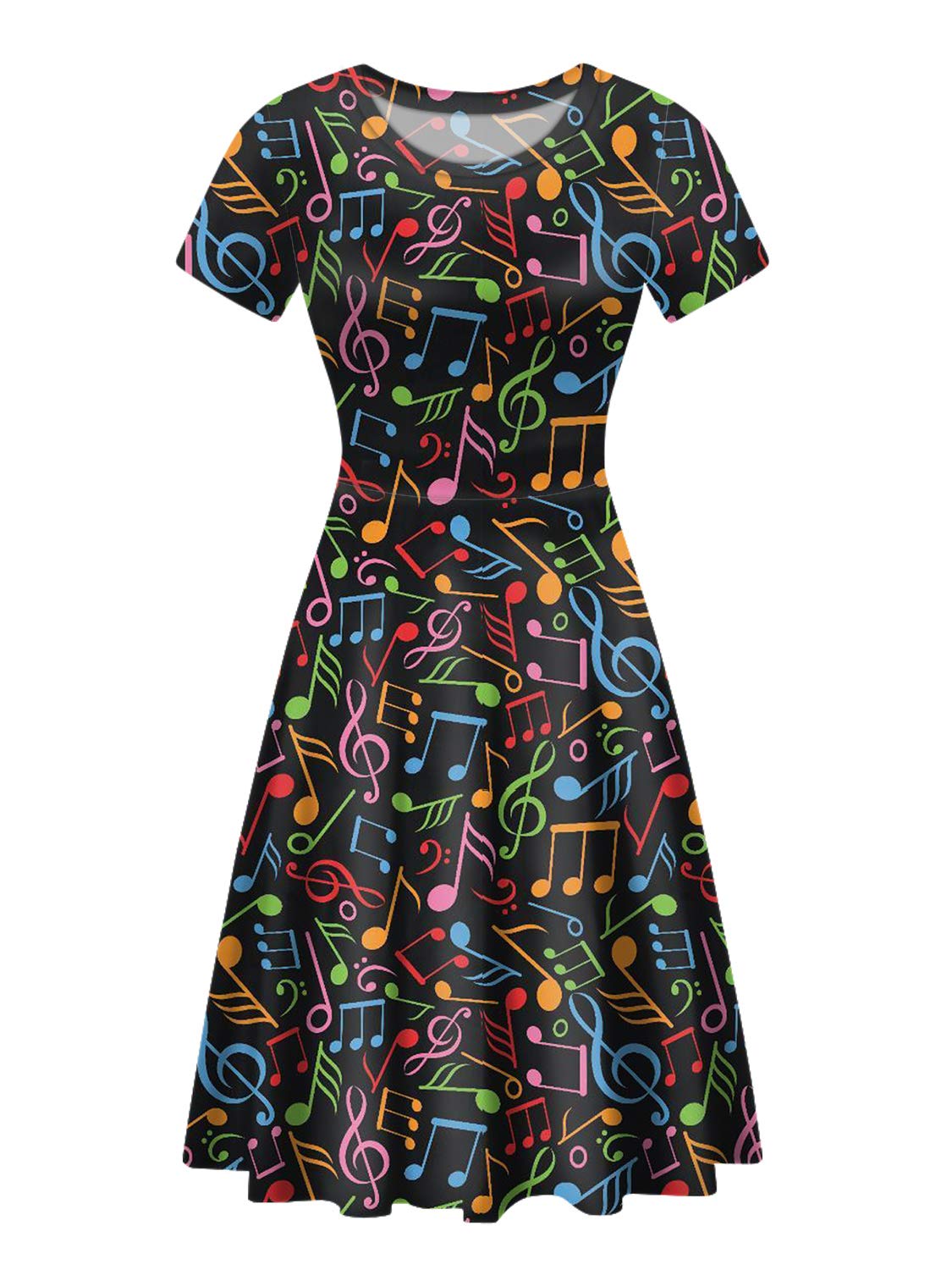POLERO Women Lady Animal Colorful Music Notes Print Short Sleeve Summer Dress Round Neck Chic Flowy Midi Dresses Size L