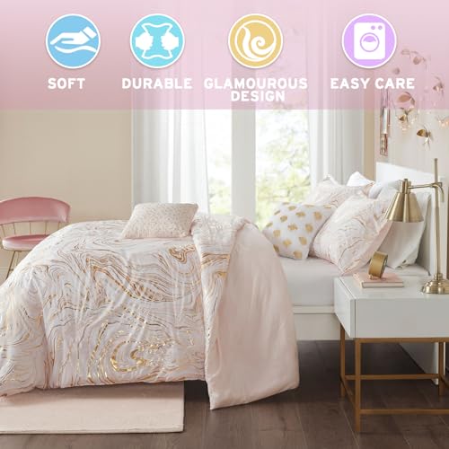 Intelligent Design Duvet Cover Queen Bedding Sets Chic Modern Metallic Swirl Marble Abstract Print Microfiber Bedding Queen Size Duvet Cover Set, Throw Pillows Rebecca, Full/Queen Blush/Gold 5 Piece