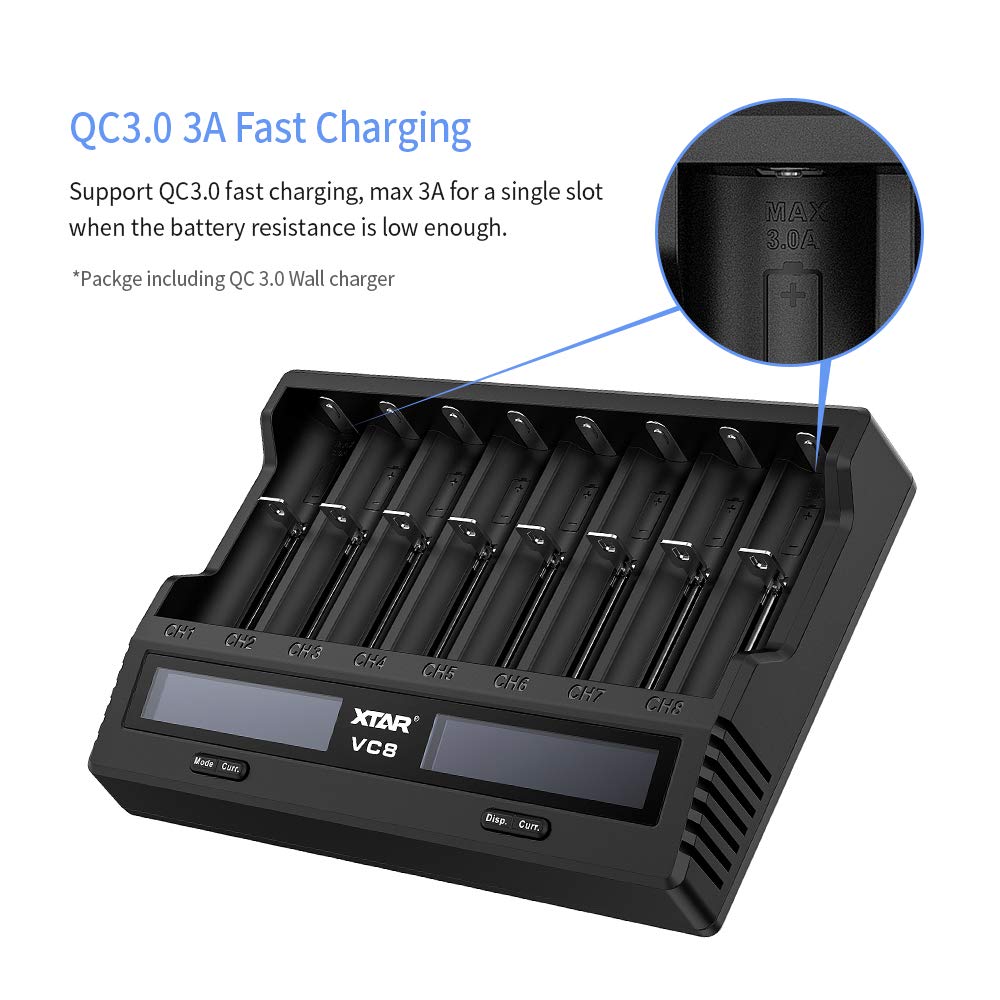 8 Slots 18650 Battery Charger XTAR VC8 Charger USB C 3A Fast Charger 21700 Battery Charger with LCD Display for 3.6V 3.7V Li-ion 10440 18700 26650 1.2V Ni-MH AA AAA C Full Set with QC3.0 Wall Charger