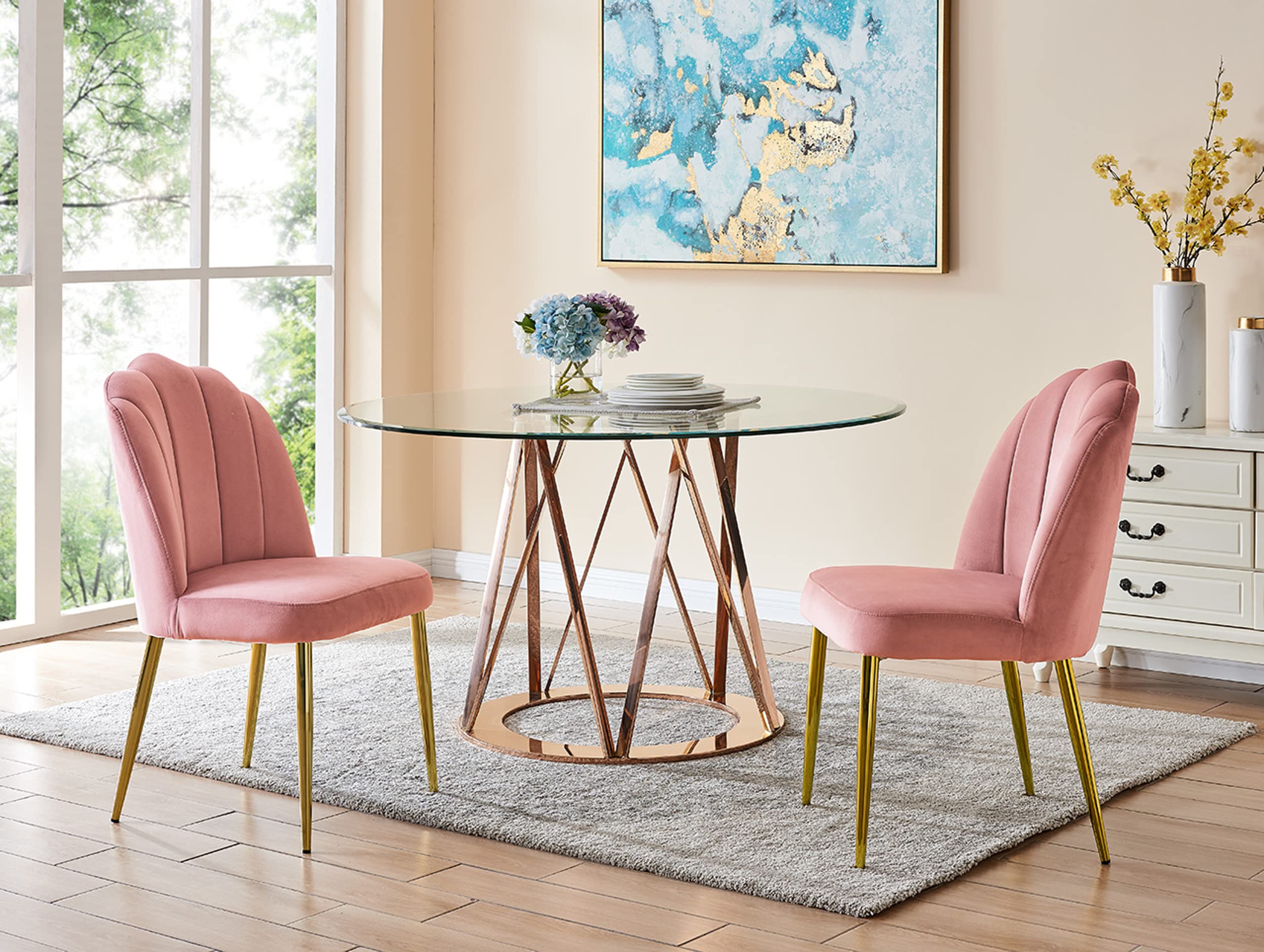 Iconic Home Chelsea Dining Side Chair Vertical Channel Quilted Velvet Upholstered Crown Top Back and Seat Solid Gold Tone Metal Legs (Set of 2) Modern Contemporary, Blush