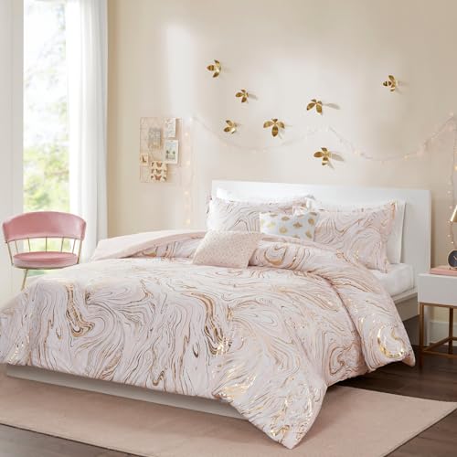 Intelligent Design Duvet Cover Queen Bedding Sets Chic Modern Metallic Swirl Marble Abstract Print Microfiber Bedding Queen Size Duvet Cover Set, Throw Pillows Rebecca, Full/Queen Blush/Gold 5 Piece