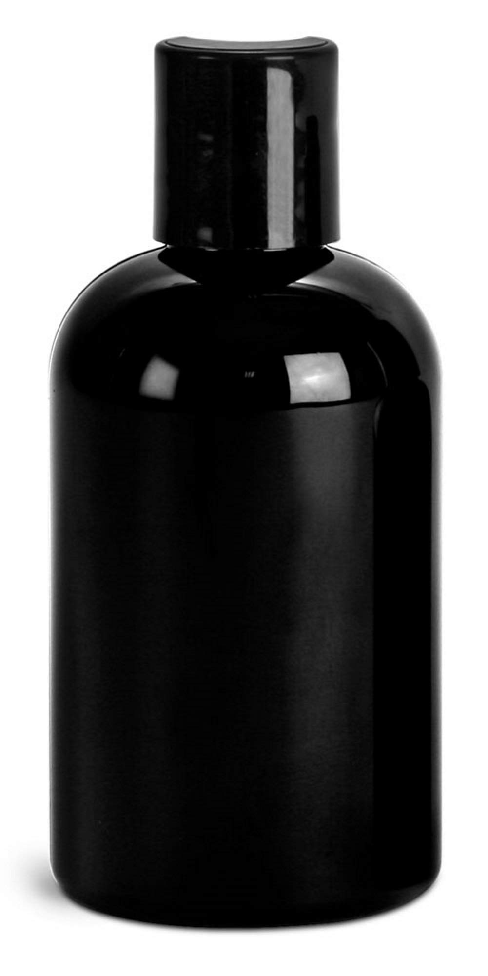 Premium Essential Oil 4 Ounce Boston Round Bottles, PET Plastic Empty Fillable BPA-Free, with Black Press Down Disc Caps (Pack of 12) (Black)