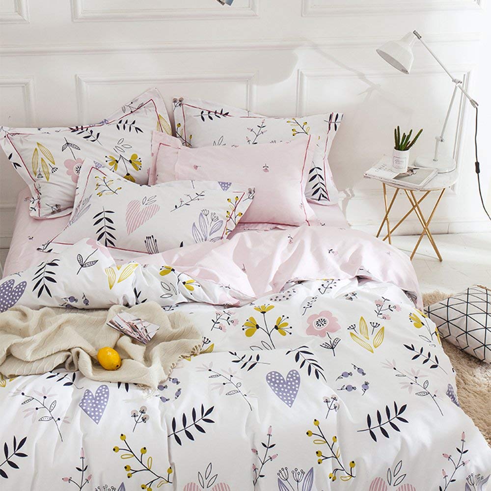Fresh Flower Print 4 PCS Bedding Set 【1 Queen Duvet Cover + 2 Standard Pillowcases + 1 Queen Fitted Sheet】