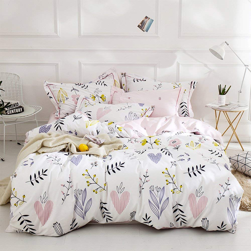 Fresh Flower Print 4 PCS Bedding Set 【1 Queen Duvet Cover + 2 Standard Pillowcases + 1 Queen Fitted Sheet】