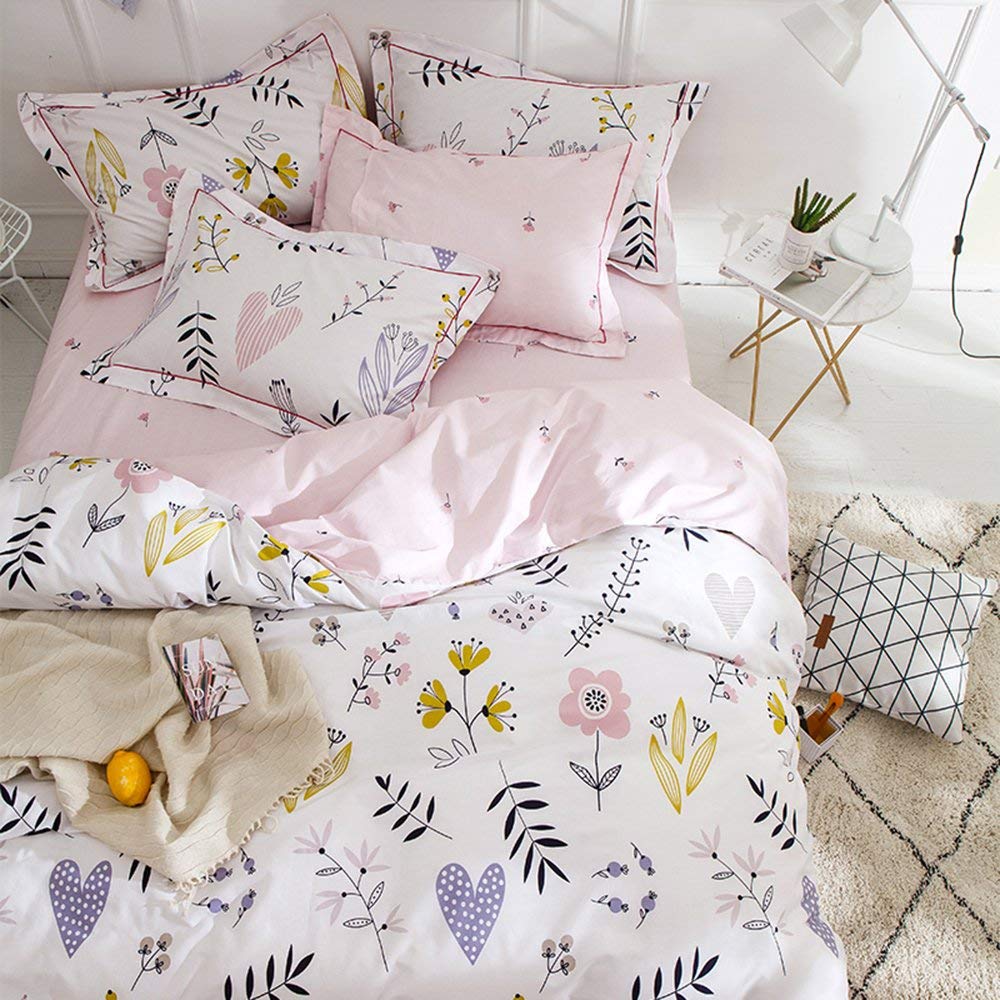 Fresh Flower Print 4 PCS Bedding Set 【1 Queen Duvet Cover + 2 Standard Pillowcases + 1 Queen Fitted Sheet】