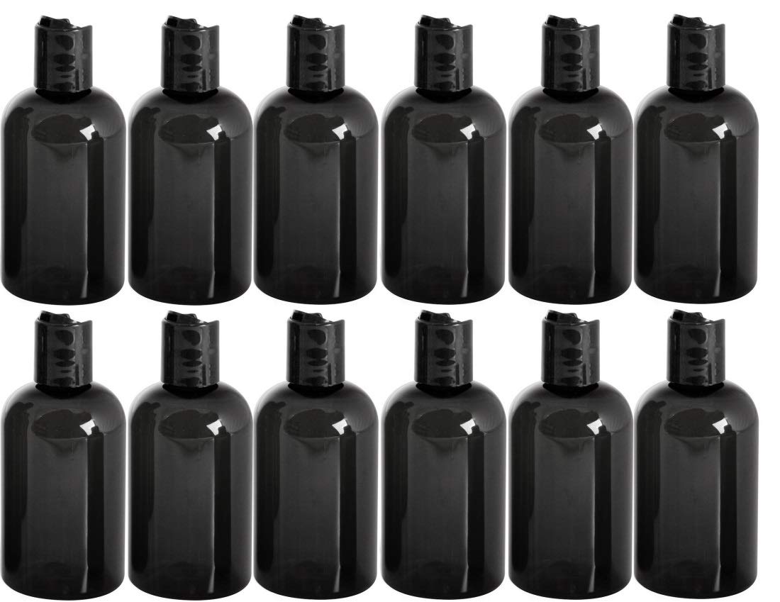 Premium Essential Oil 4 Ounce Boston Round Bottles, PET Plastic Empty Fillable BPA-Free, with Black Press Down Disc Caps (Pack of 12) (Black)