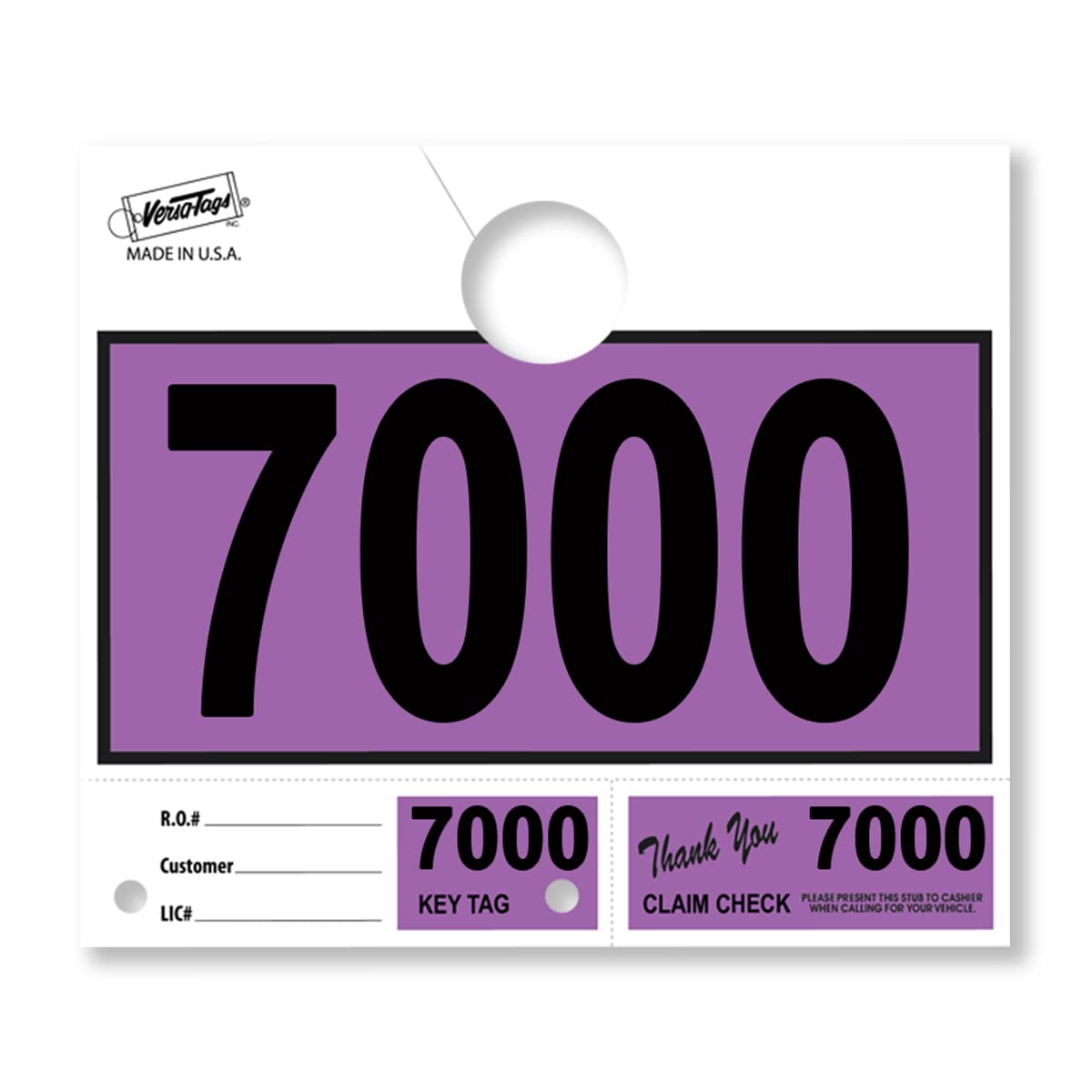 Versa-Tags 1000 Purple Car Dealer Service Hang Tags Service Dispatch Numbers, Service Department Numbered Key Tags for Mechanic Repair Shop 3 Part Key Ring - Purple (7000-7999)