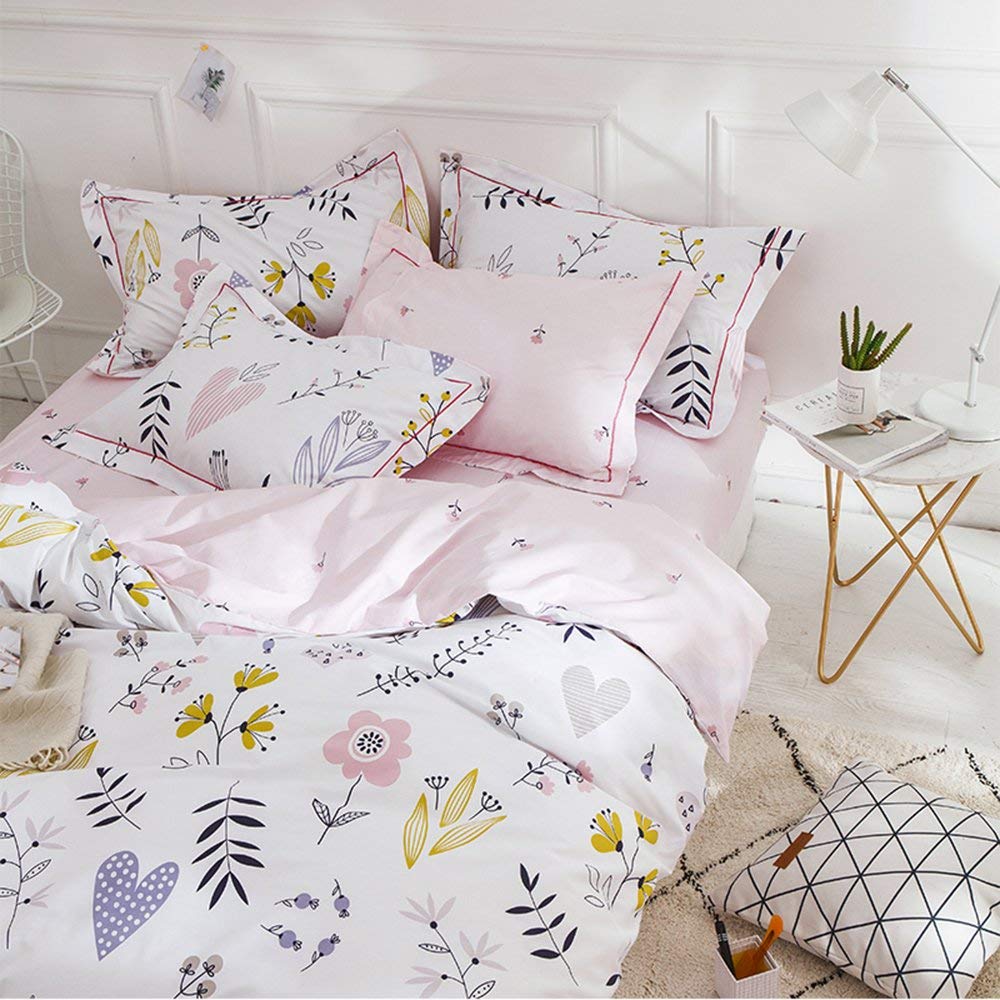 Fresh Flower Print 4 PCS Bedding Set 【1 Queen Duvet Cover + 2 Standard Pillowcases + 1 Queen Fitted Sheet】