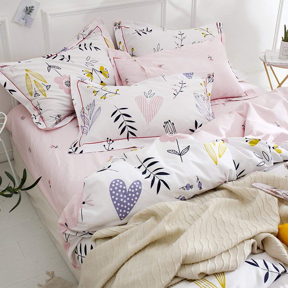 Fresh Flower Print 4 PCS Bedding Set 【1 Queen Duvet Cover + 2 Standard Pillowcases + 1 Queen Fitted Sheet】