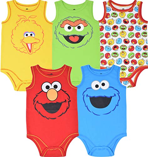 Sesame Street Elmo Cookie Monster Oscar the Grouch Infant Baby Boys 5 Pack Sleeveless Bodysuits Multicoloured 18 Months