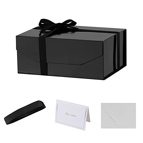 PACKGILO 1PCS Black Gift Box with Ribbon 9.5x7x4 Inches，Sturdy Gift Box with Lid for Gift Packaging, Foldable Magnetic Closure Storage Boxes, Bridesmaid proposal box, Rectangle Collapsible Box