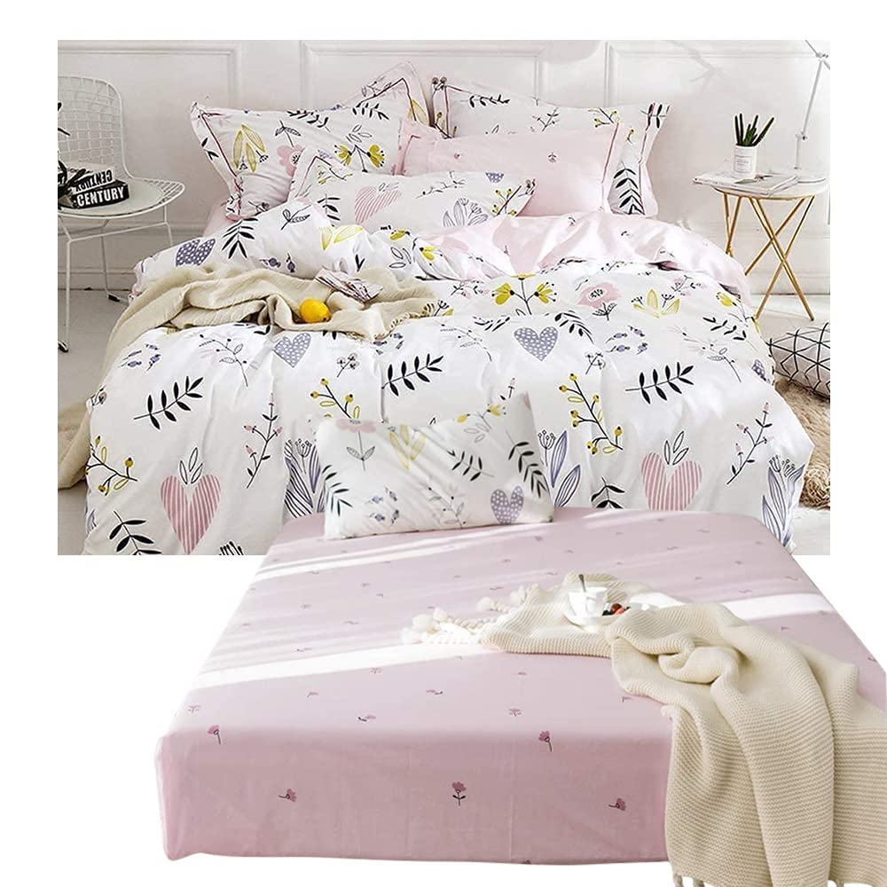 Fresh Flower Print 4 PCS Bedding Set 【1 Queen Duvet Cover + 2 Standard Pillowcases + 1 Queen Fitted Sheet】