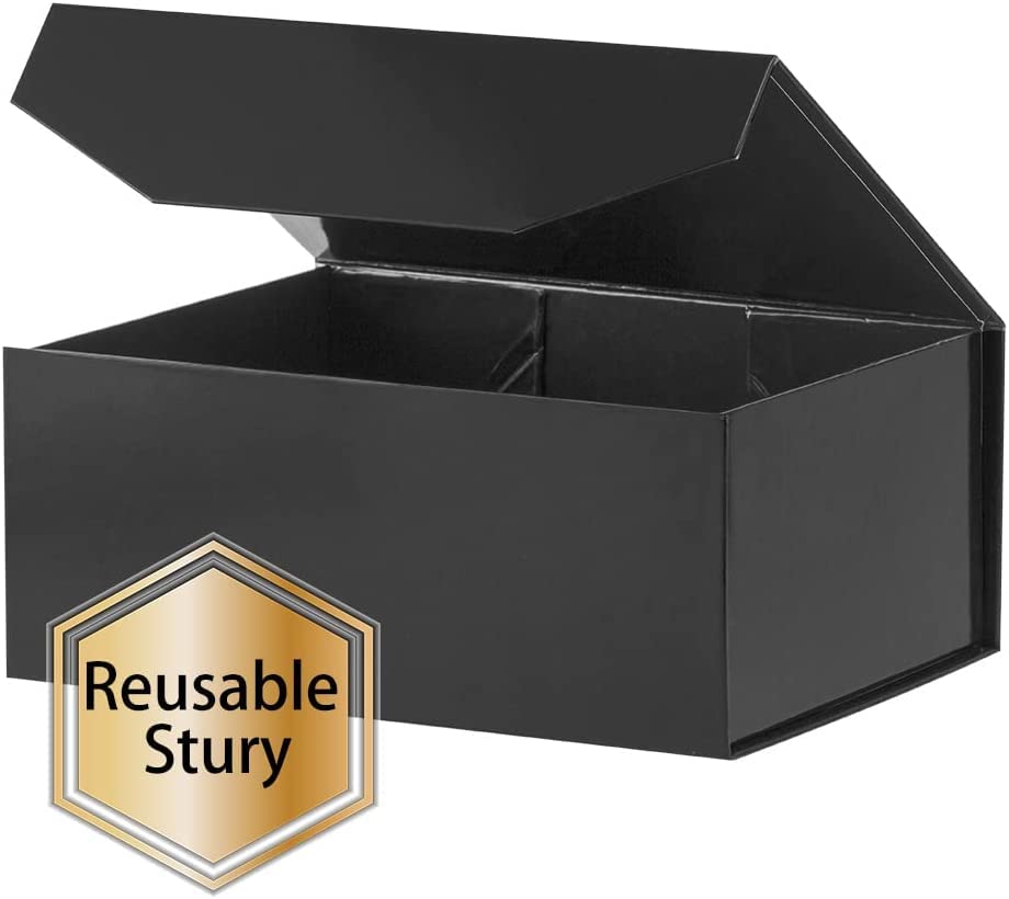 PACKGILO 1PCS Black Gift Box with Ribbon 9.5x7x4 Inches,Sturdy Gift Box with Lid for Gift Packaging, Foldable Magnetic Closure Storage Boxes, Bridesmaid proposal box, Rectangle Collapsible Box