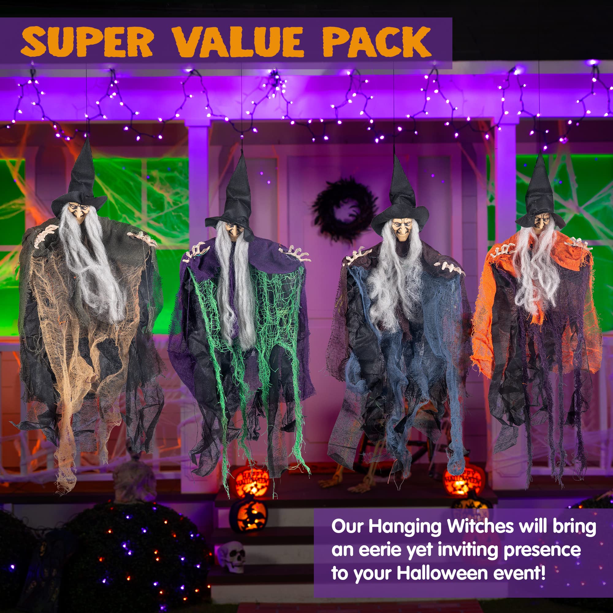 JOYIN 4 Pcs 19.6β Hanging Witch Halloween Decorations Outdoor Indoor Flying Haunted House Scary Decor for Lawn Garden Yard
