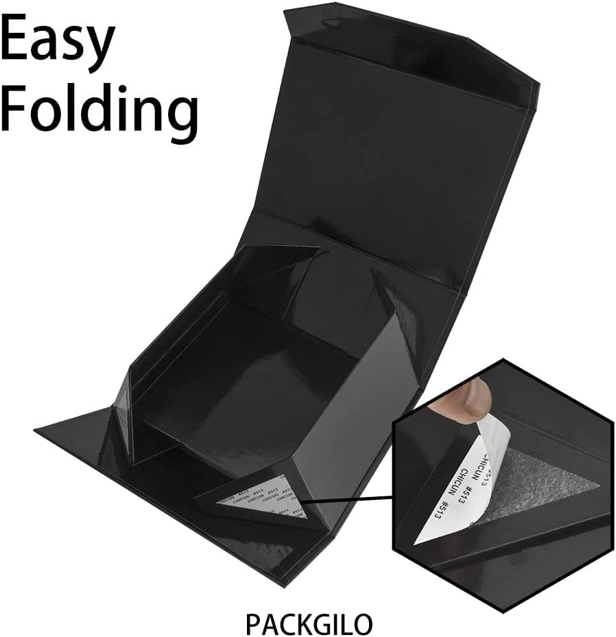 PACKGILO 1PCS Black Gift Box with Ribbon 9.5x7x4 Inches,Sturdy Gift Box with Lid for Gift Packaging, Foldable Magnetic Closure Storage Boxes, Bridesmaid proposal box, Rectangle Collapsible Box