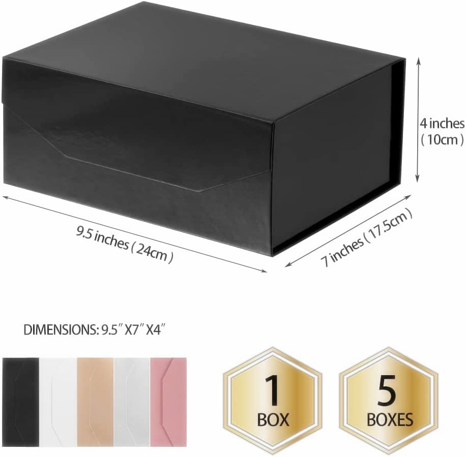 PACKGILO 1PCS Black Gift Box with Ribbon 9.5x7x4 Inches,Sturdy Gift Box with Lid for Gift Packaging, Foldable Magnetic Closure Storage Boxes, Bridesmaid proposal box, Rectangle Collapsible Box