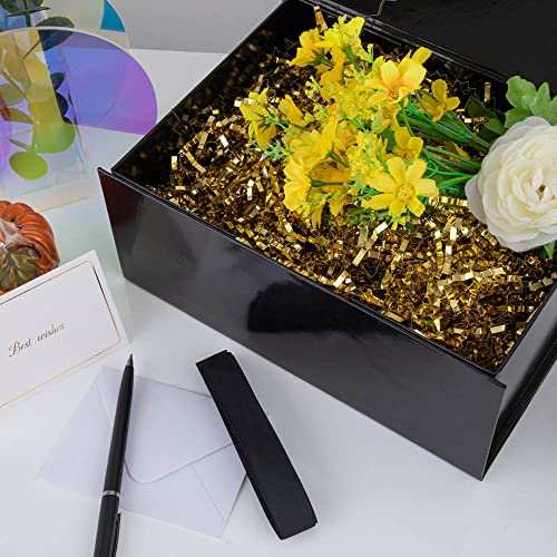 PACKGILO 1PCS Black Gift Box with Ribbon 9.5x7x4 Inches,Sturdy Gift Box with Lid for Gift Packaging, Foldable Magnetic Closure Storage Boxes, Bridesmaid proposal box, Rectangle Collapsible Box