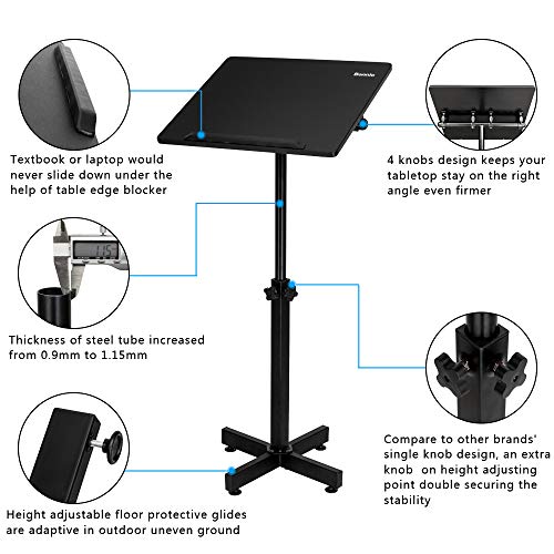 Bonnlo Classic Lectern Stand, Height Adjustable Mobile Podium, Multi-Purpose Tabletop for Speech, Lecture, Church, Reading or Laptop Desk with Edge Stopper, Black