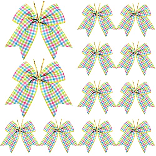 12 Pcs Easter Bows Decorations 6 Inch Easter Tree Bows Easter Wreath Spring Bows Decorative Seasonal Bows Colorful Ribbon Bow Door Wall Decoration for Home Outdoor Topper Holiday Decor (Plaid)