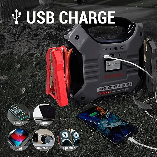 AUTOGEN 12V & 24V Jump Starter 10000Amp Lithium Iron Phosphate (LiFePO4) Battery, Booster Jumper Box with Smart LED Screen Built-in LED Light